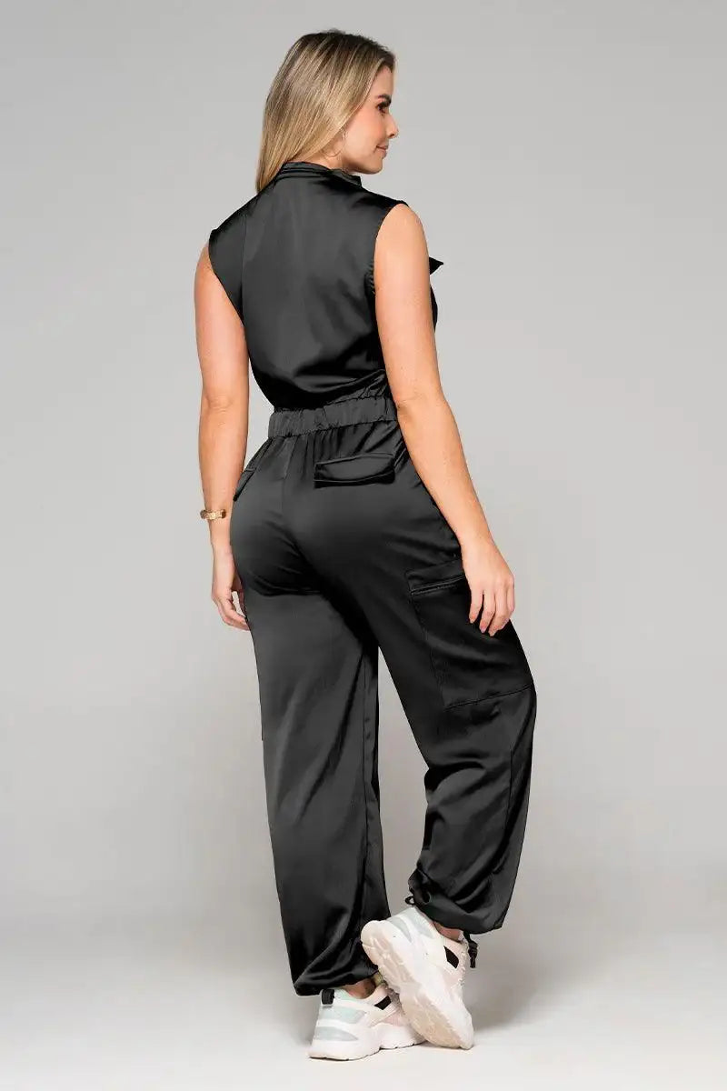 Enterizo Largo Tipo Cargo Satinado Parachute Cierre Frontal Cintura Re